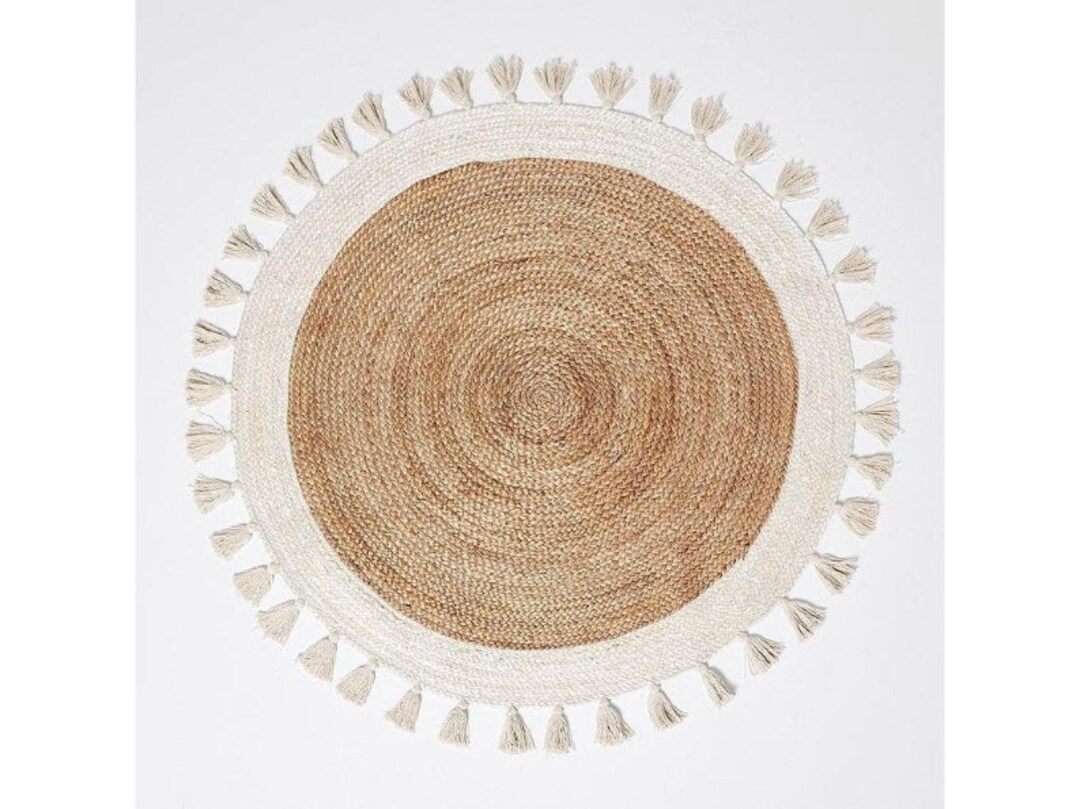 Round Jute Rug White Tassels Round Rug, Boho Round Rug, Natural Jute ...