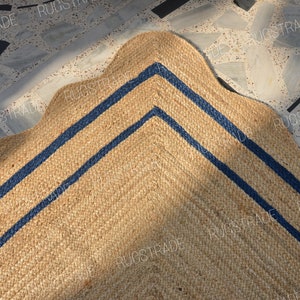 Jute Rug Blue Wavy Edge Jute Scallop Rug, Bohemian Jute Rug, Natural ...