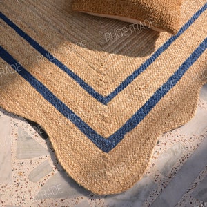 Jute Rug Blue Wavy Edge Jute Scallop Rug, Bohemian Jute Rug, Natural ...