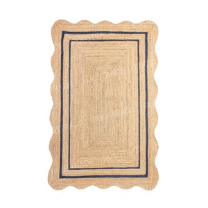Jute Rug Blue Wavy Edge Jute Scallop Rug, Bohemian Jute Rug, Natural ...