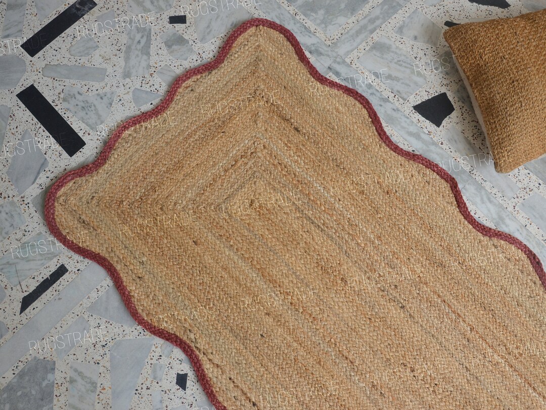 Scallop Jute Runner Rug Rustic Red Trim, Boho Decor Scallop Rug ...