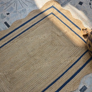 Jute Rug Blue Wavy Edge Jute Scallop Rug, Bohemian Jute Rug, Natural ...