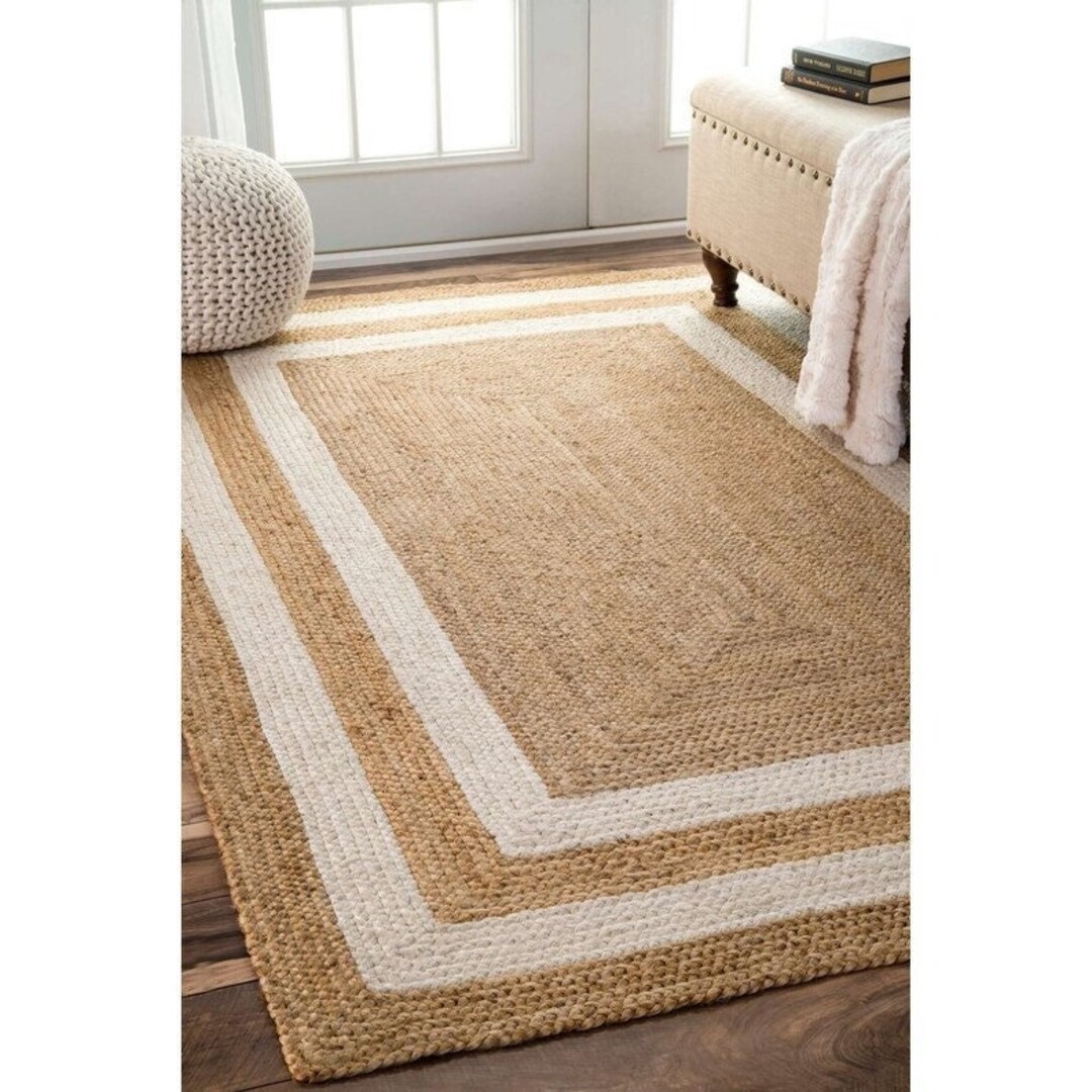 Natural Jute Rug With White Border, Jute Braided Rug, Rectangle Jute ...