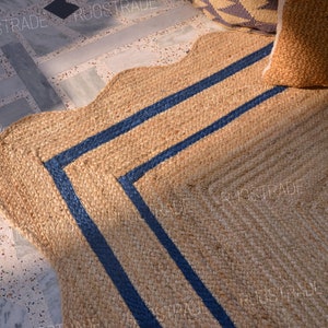 Jute Rug Blue Wavy Edge Jute Scallop Rug, Bohemian Jute Rug, Natural ...