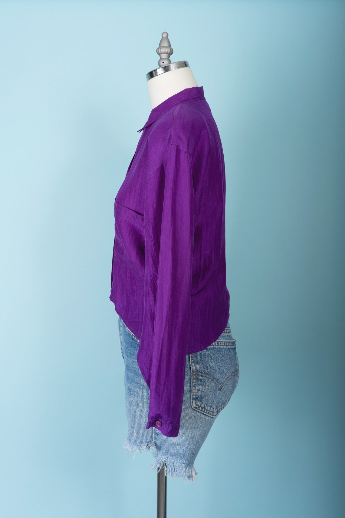 1980s Ultra Thin Crinkle Silk Purple Cropped Button Down Blouse by ...