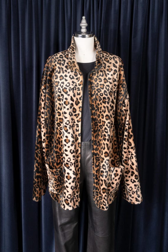 1980s Leopard Print Faux Fur Oversized Warm Up Jacket… - Gem