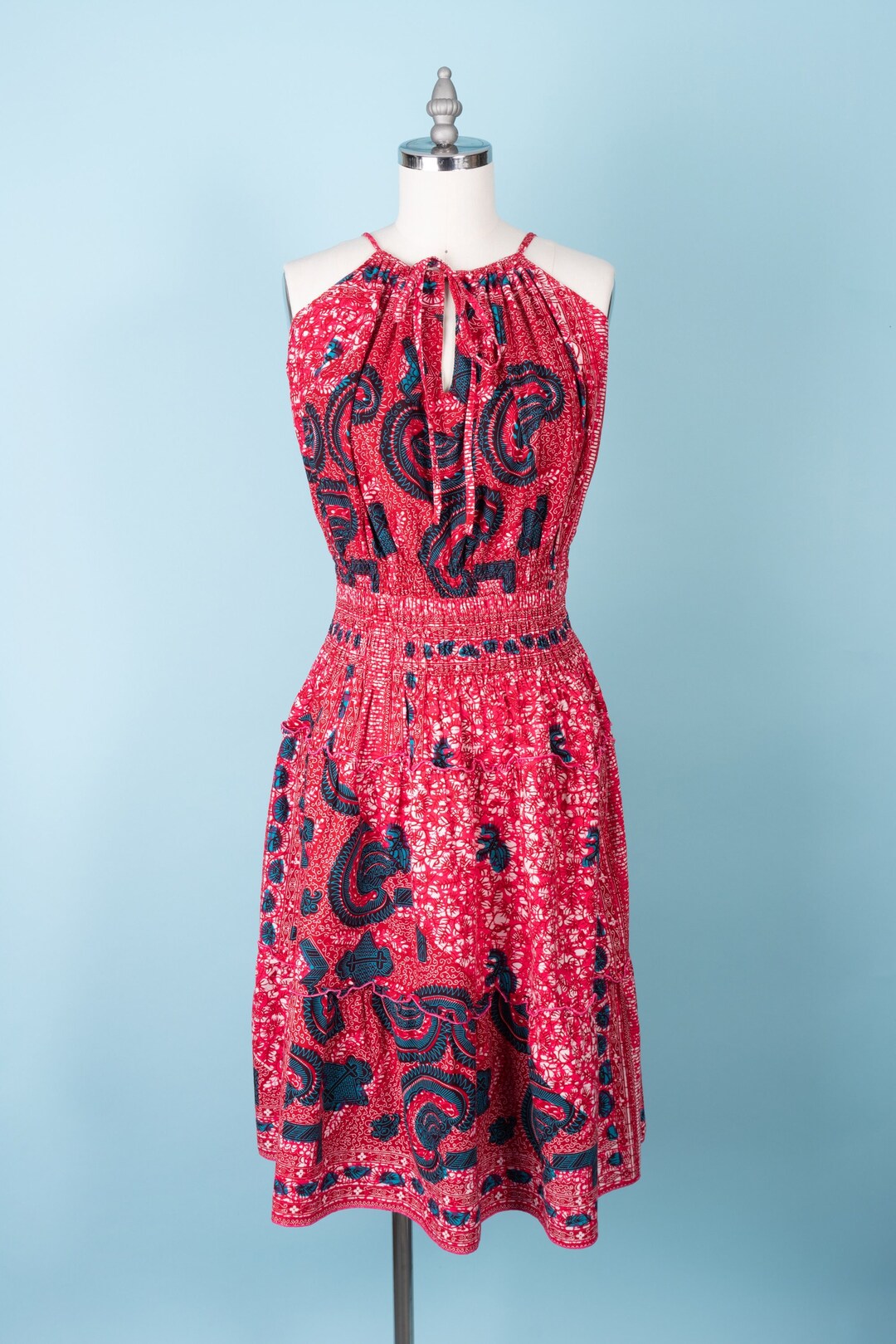Vintage 70s Hot Pink-red Indian Cotton Batik Tie Neck Keyhole Sundress ...