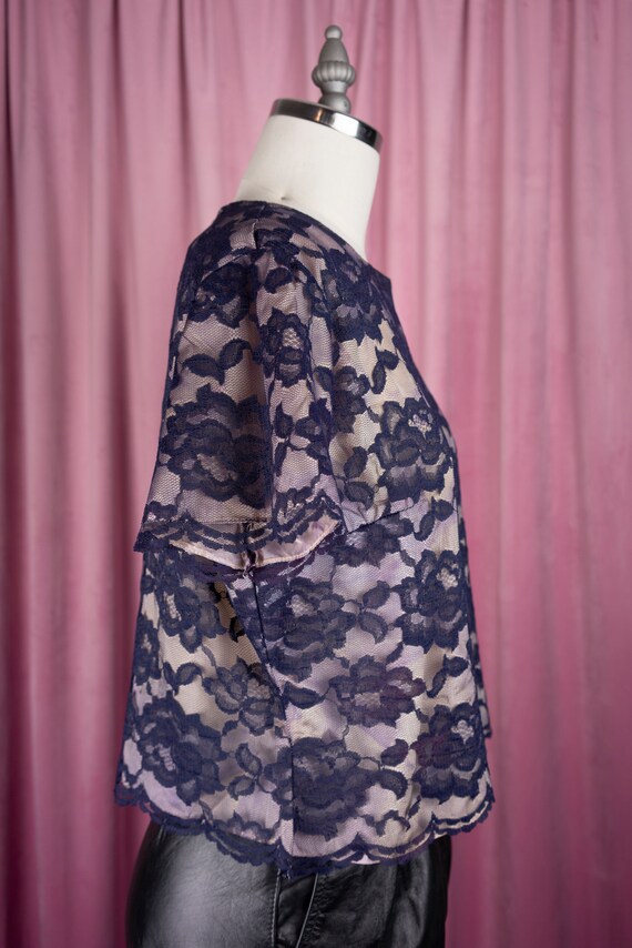 Vintage 50s/60s Handmade Boxy Fit Navy Blue Lace Top - Gem