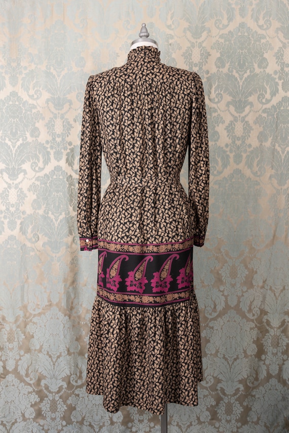 1980s Prairie Leaf/Paisley Print Dress with Standing … - Gem