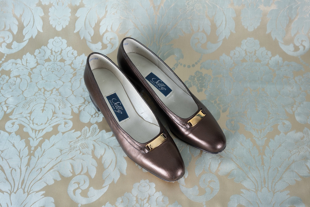 Vintage 1970s Selby Comfort Flex Metallic Brown Leather Flats With Gold ...