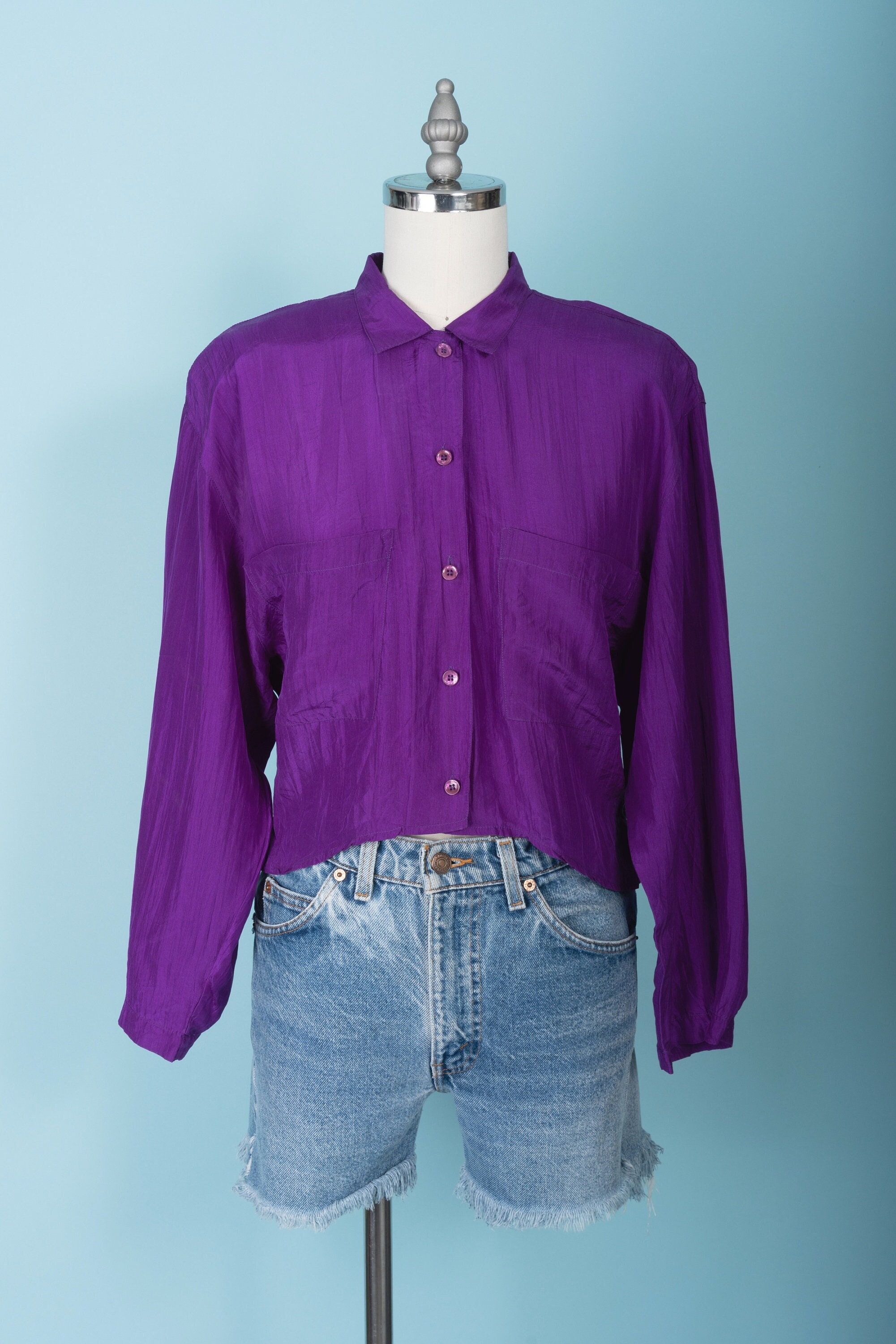 1980s Ultra Thin Crinkle Silk Purple Cropped Button Down Blouse by ...