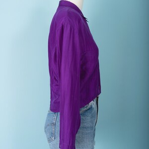 1980s Ultra Thin Crinkle Silk Purple Cropped Button Down Blouse by ...