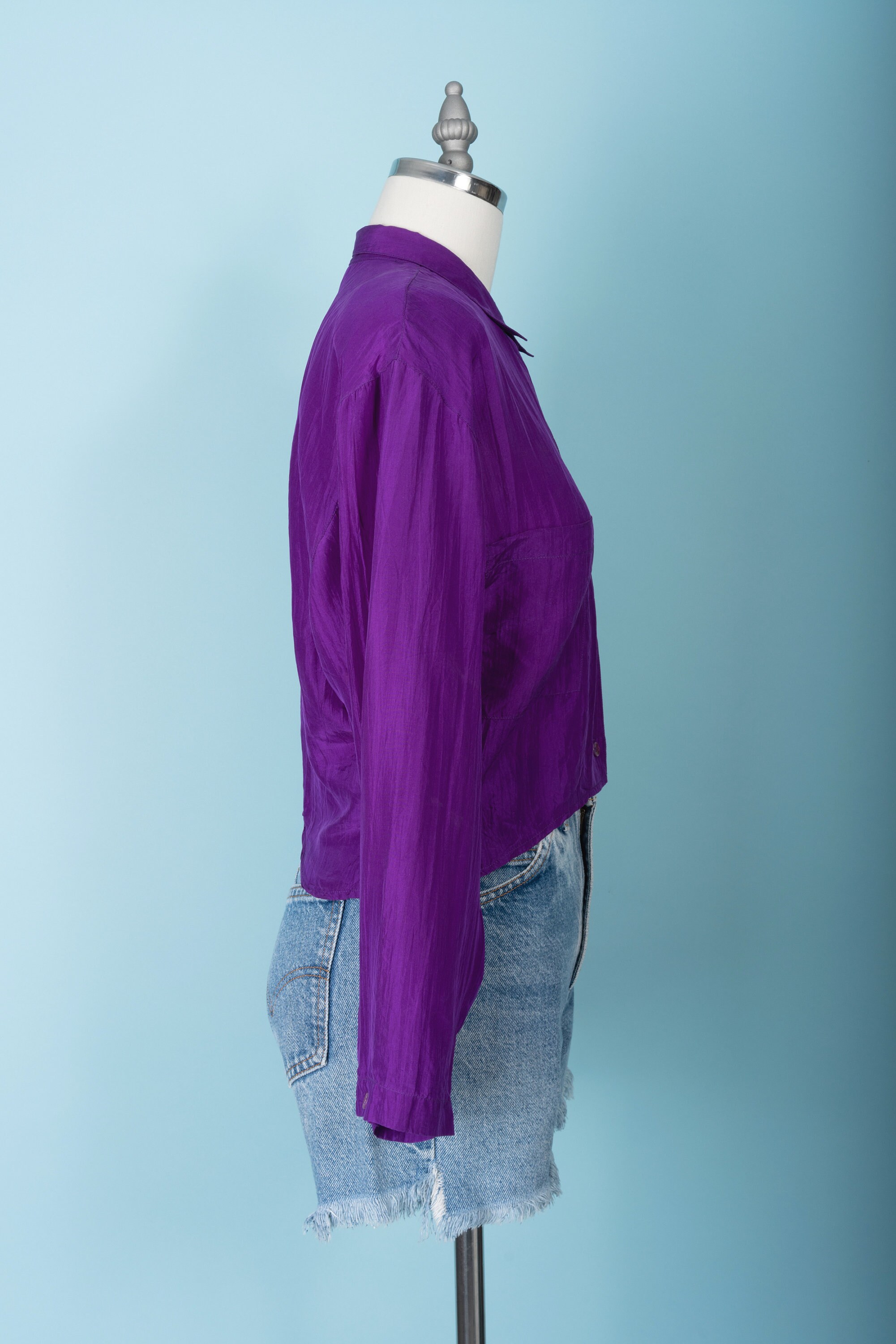 1980s Ultra Thin Crinkle Silk Purple Cropped Button Down Blouse by ...