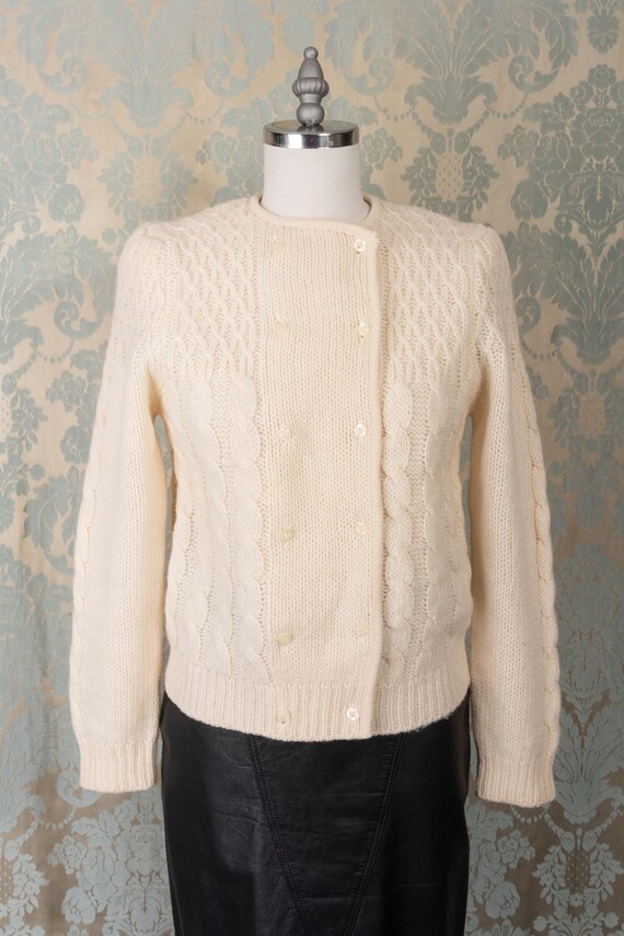 1980s Robert Scott Irish Aran Ivory Wool Cable Knit D… - Gem