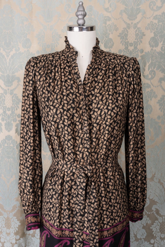 1980s Prairie Leaf/Paisley Print Dress with Standing … - Gem