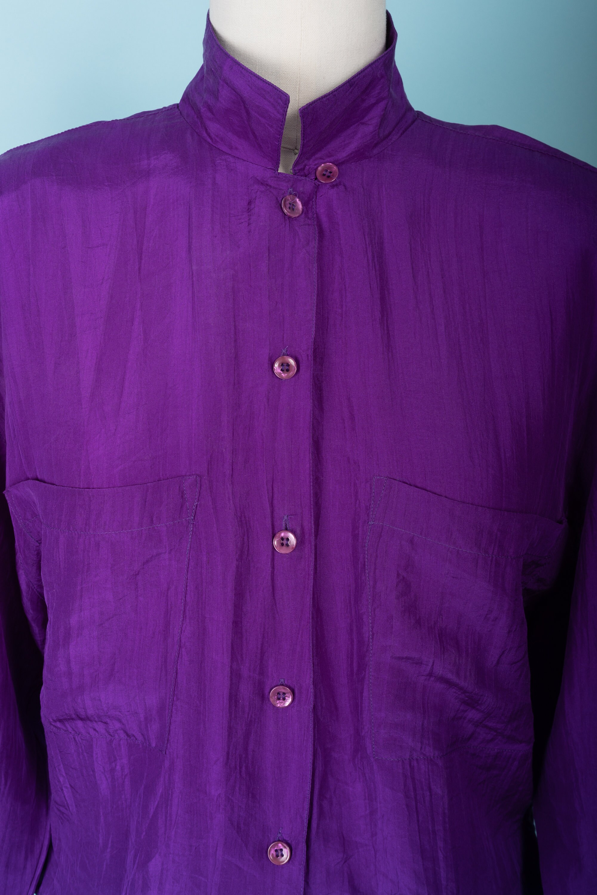 1980s Ultra Thin Crinkle Silk Purple Cropped Button Down Blouse by ...