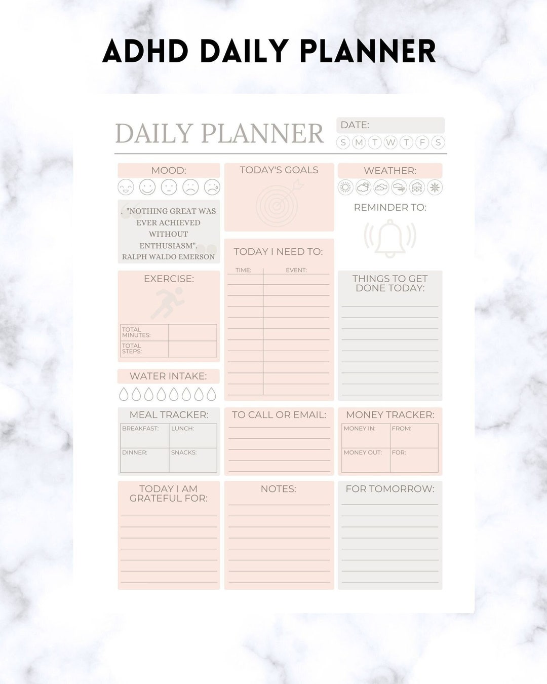 Printable ADHD Planner // Gray and Pink // Organizational Planner for ...