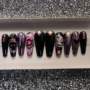 Hazbin Hotel Long Coffin Press on Nails, Handpainted Cartoon Fake Nails ...