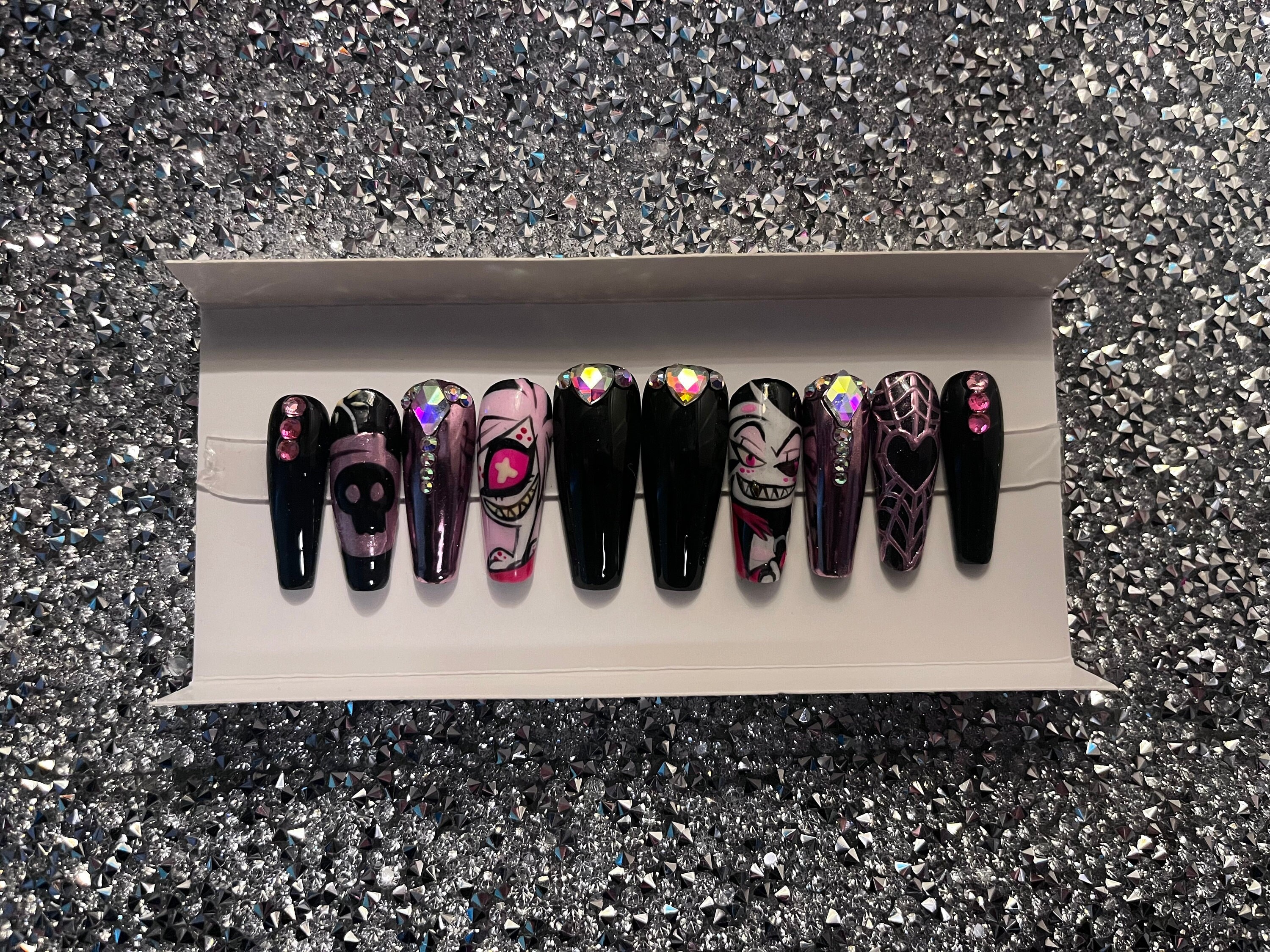 Hazbin Hotel Long Coffin Press on Nails, Handpainted Cartoon Fake Nails ...
