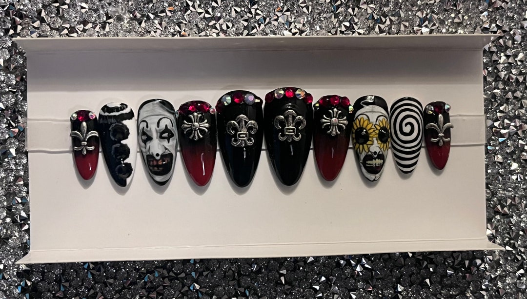 Terrifier Art the Clown Long Almond Press on Nails, Handpainted Cartoon ...