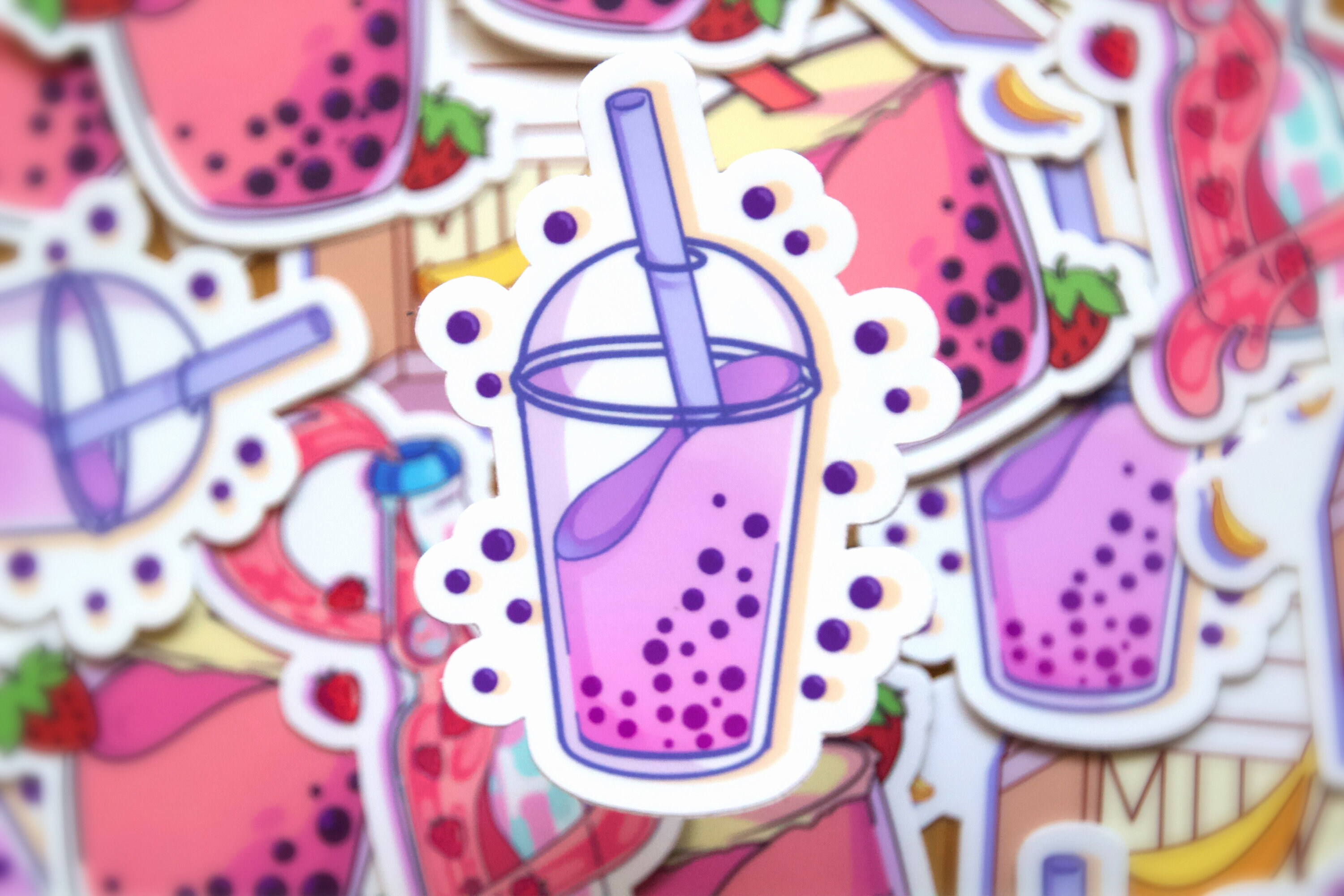 Asian Drinks Sticker Set (taro Bubble Tea, Strawberry Boba, Ramune ...