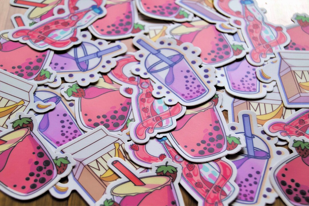 Asian Drinks Sticker Set (taro Bubble Tea, Strawberry Boba, Ramune ...