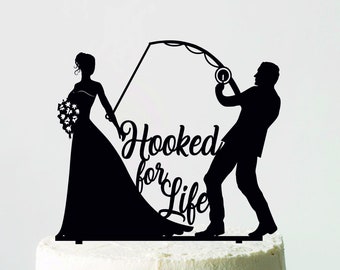 Bride Pulling Groom Wedding Cake Topper, Hooked for Life, Hooked on ...