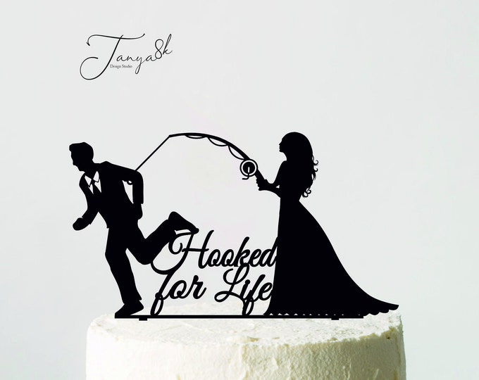 Bride Pulling Groom Wedding Cake Topper, Hooked for Life, Bride ...