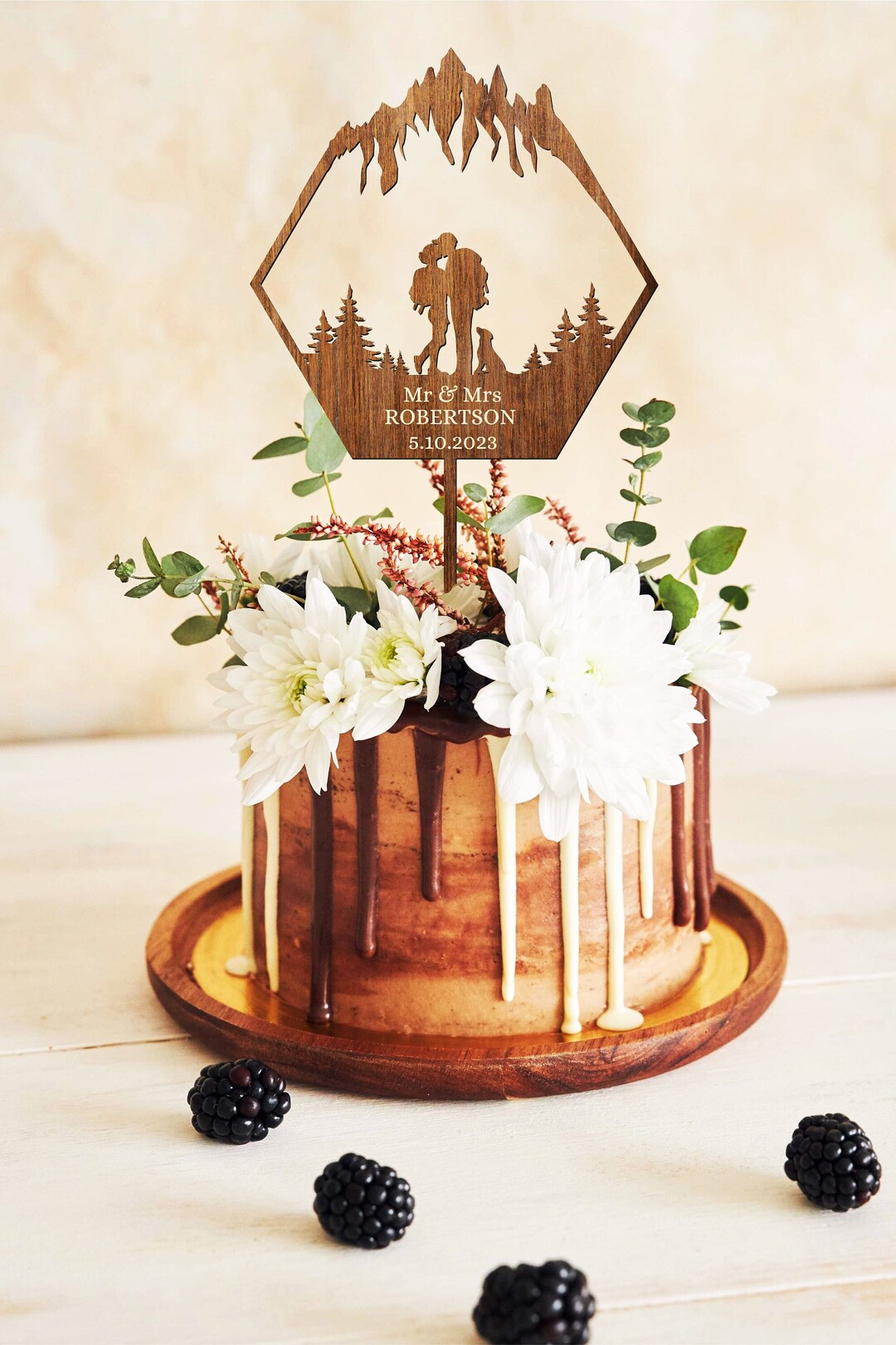 Mountain Wedding Cake Topper With Dog, Hiking Couple Cake Topper With ...