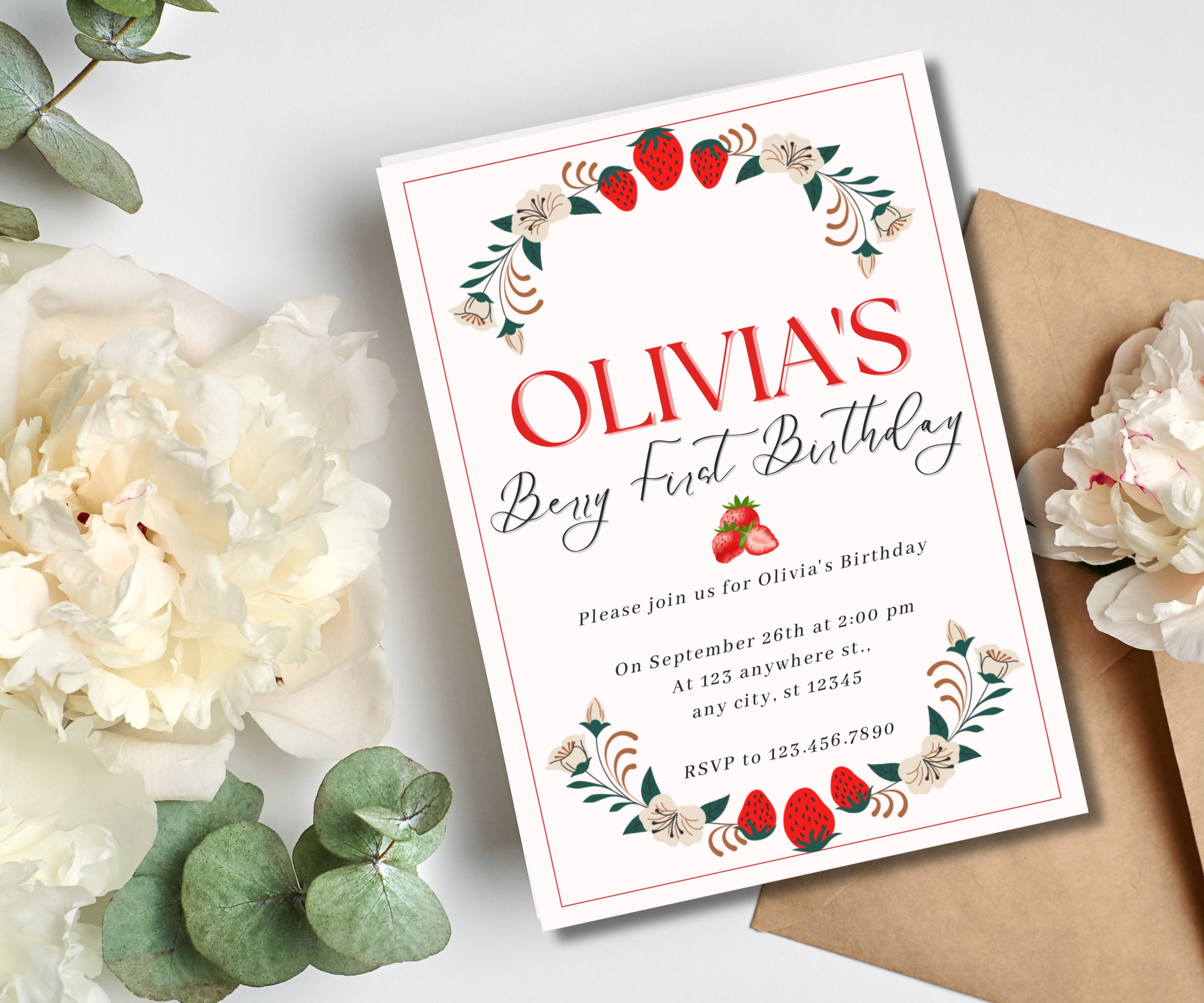 Berry First Birthday Party Invitation Berry 1st Decor Modern Strawberry ...