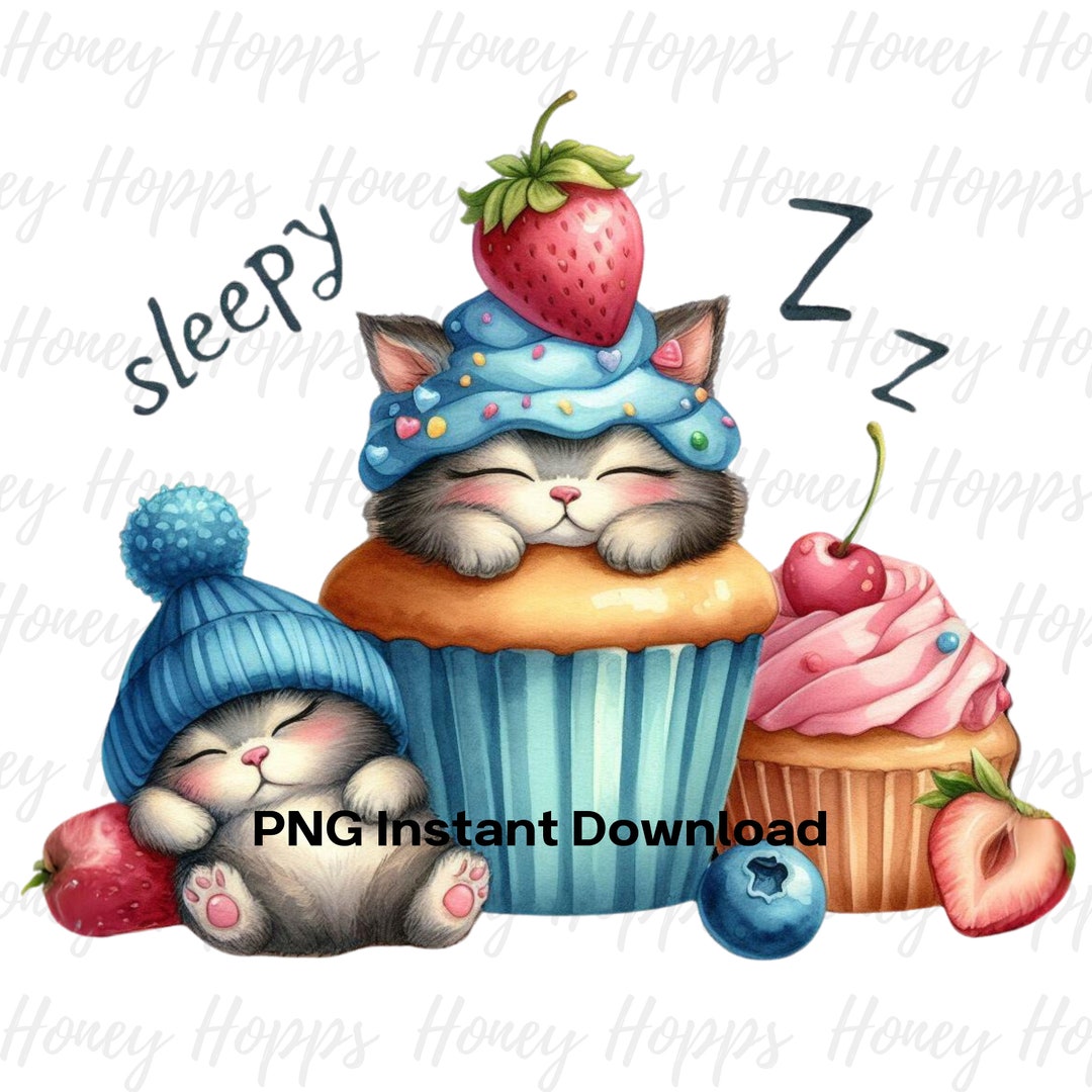 Sleepy Kitty Cupcakes Strawberry Birthday PNG Digital Design ...