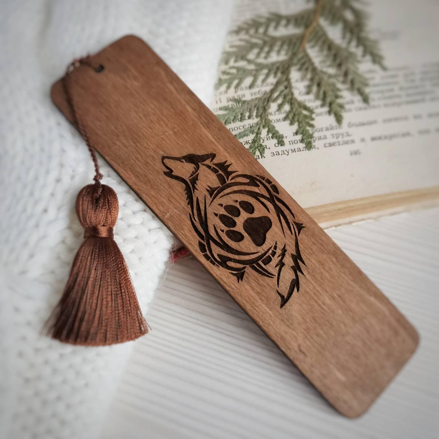 Howling Wolf Bookmark Wolf Paw Engraved Wooden Bookmark With Tassel ...
