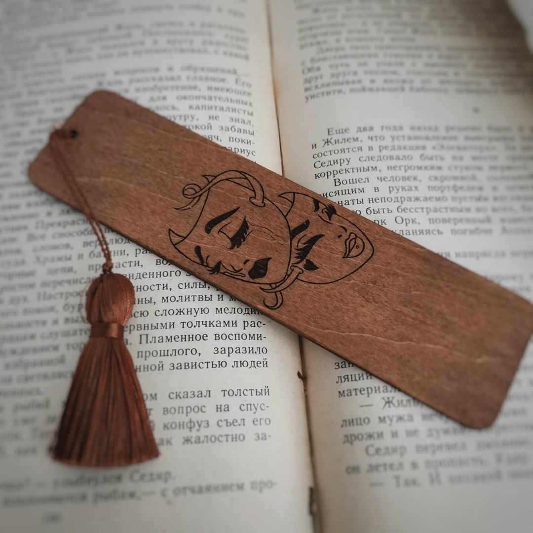 Comedy and Tragedy Masks Engraved Wooden Bookmark With Tassel Actress ...