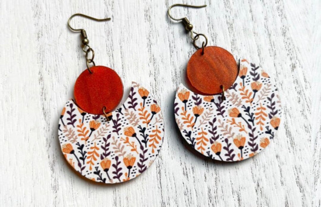 Floral Patterned Veneer and Copper Acrylic Geometric Earrings Acrylic ...