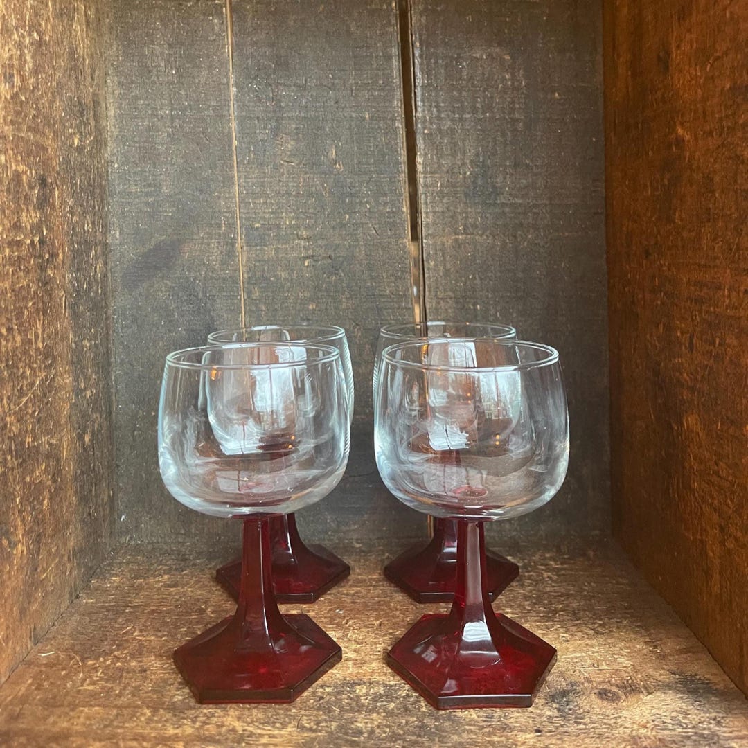 Set of 4 Ruby Red Hexagon Base Luminarc France Wine Glasses | Vintage ...