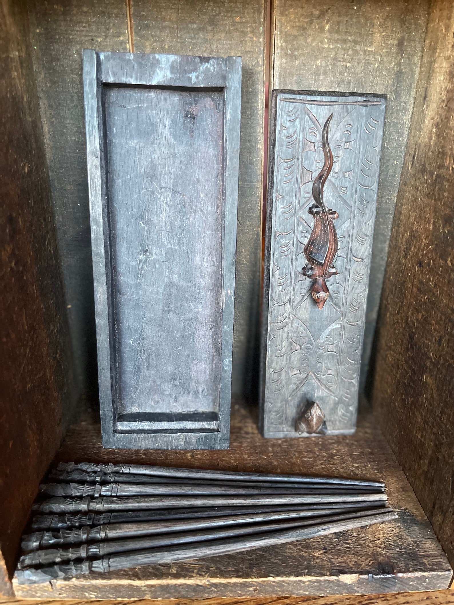 Hand Carved Wooden Chopstick Box With Lizard and Frog and Sliding Lid ...