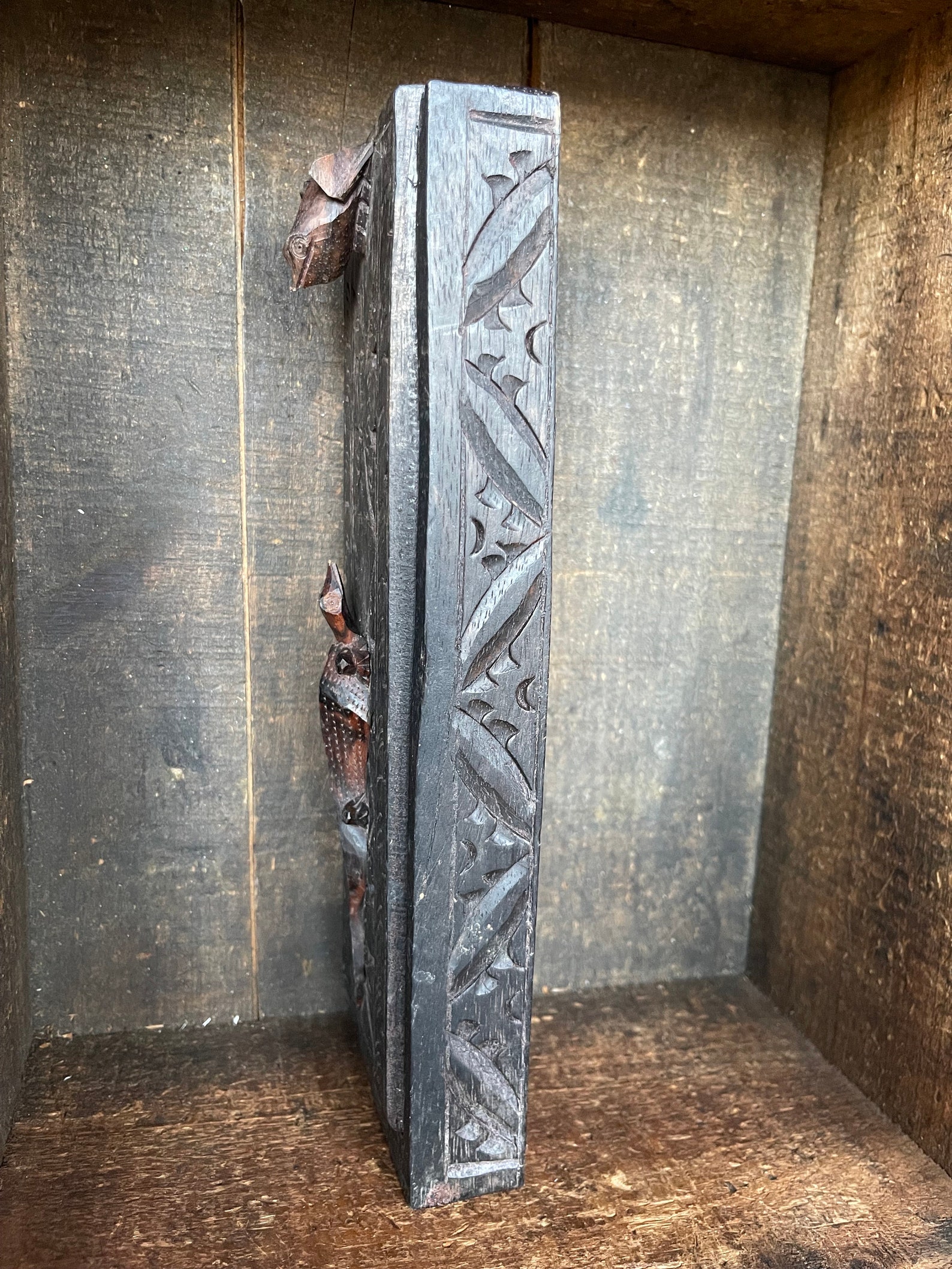 Hand Carved Wooden Chopstick Box With Lizard and Frog and Sliding Lid ...
