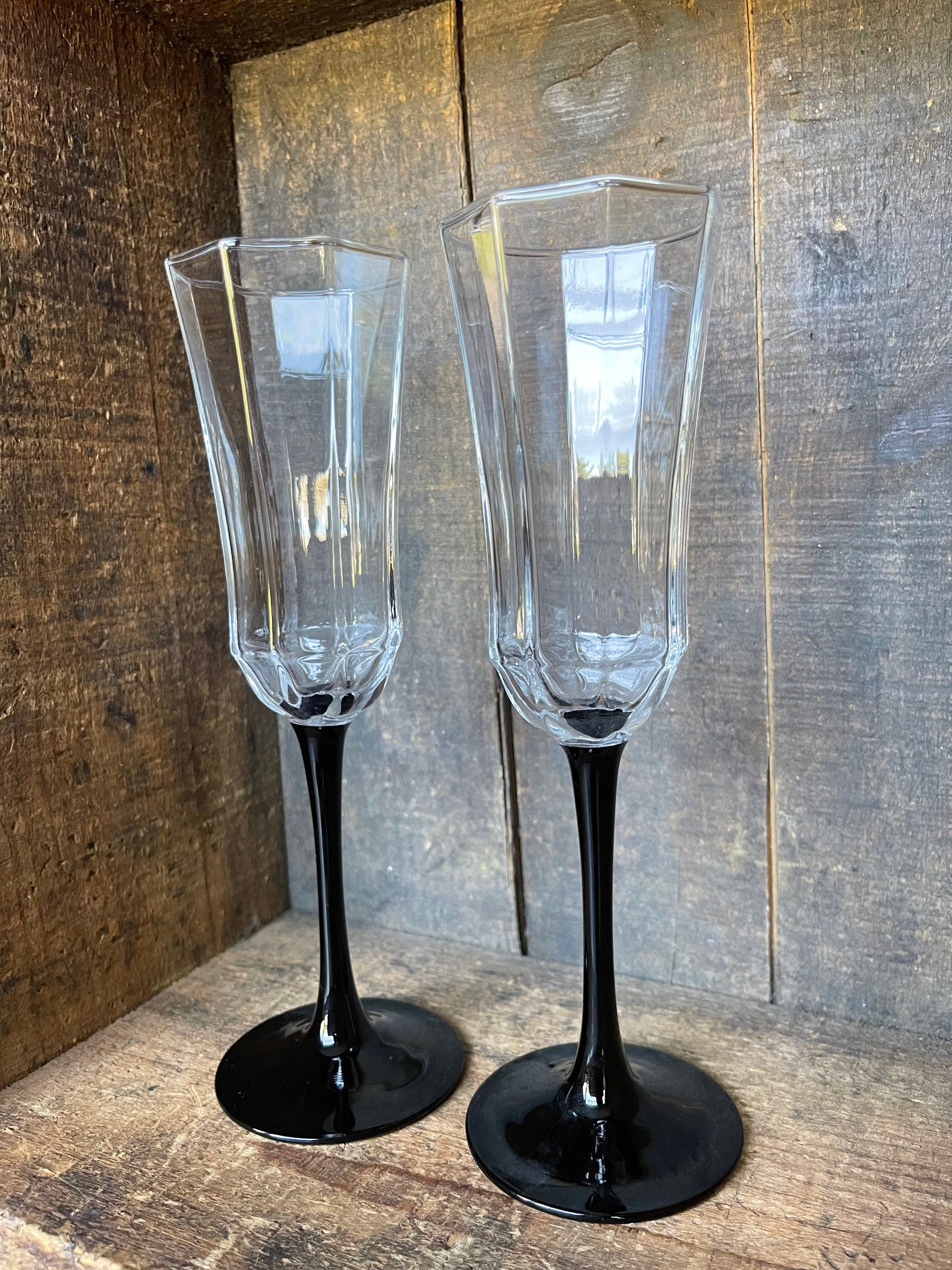 Vintage Luminarc Black Stem Champagne Flutes, Set of 2 Wine Glasses ...