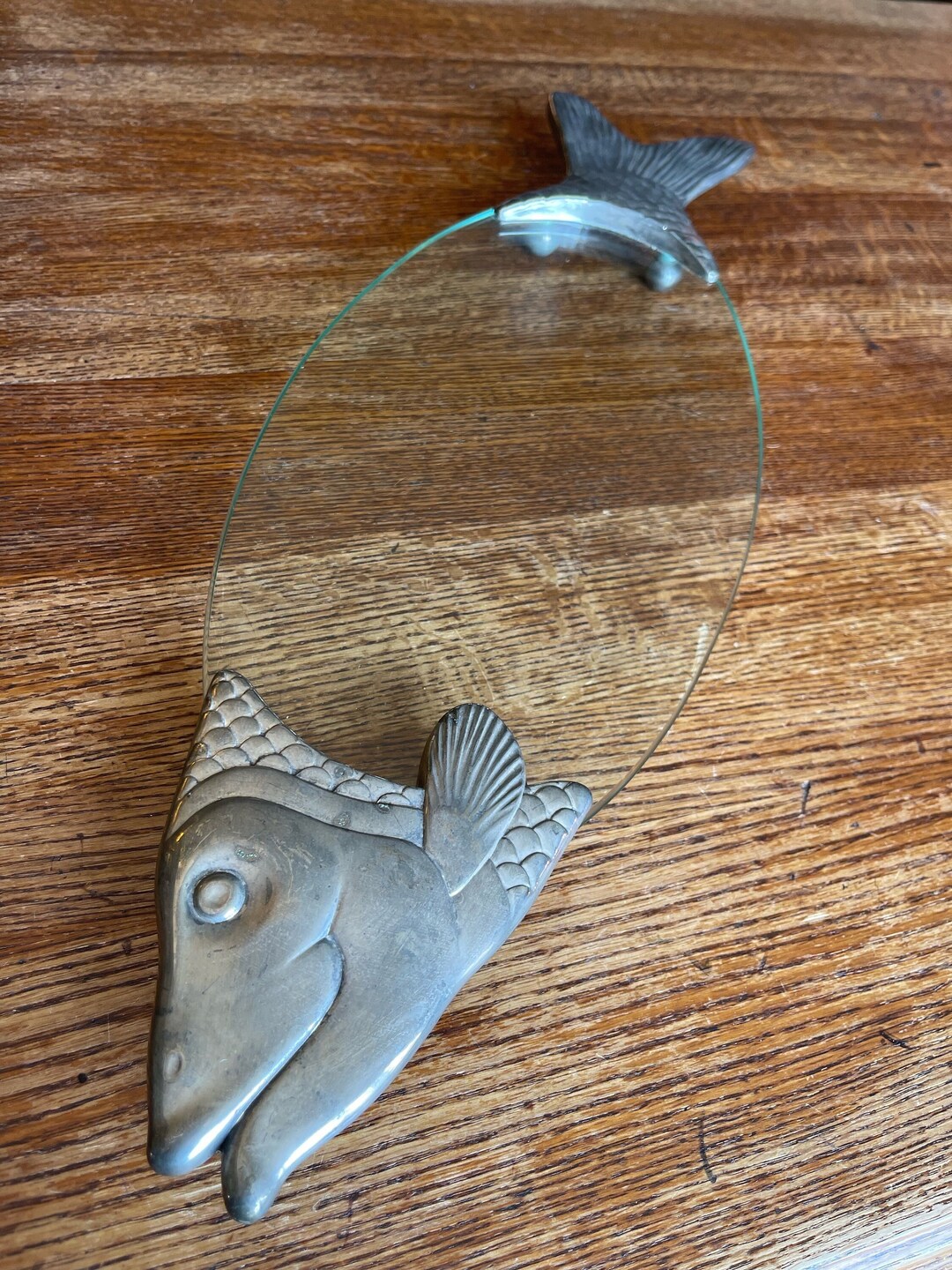 Vintage Fish Serving Platter // Glass and Silver Metal Fish Head and ...