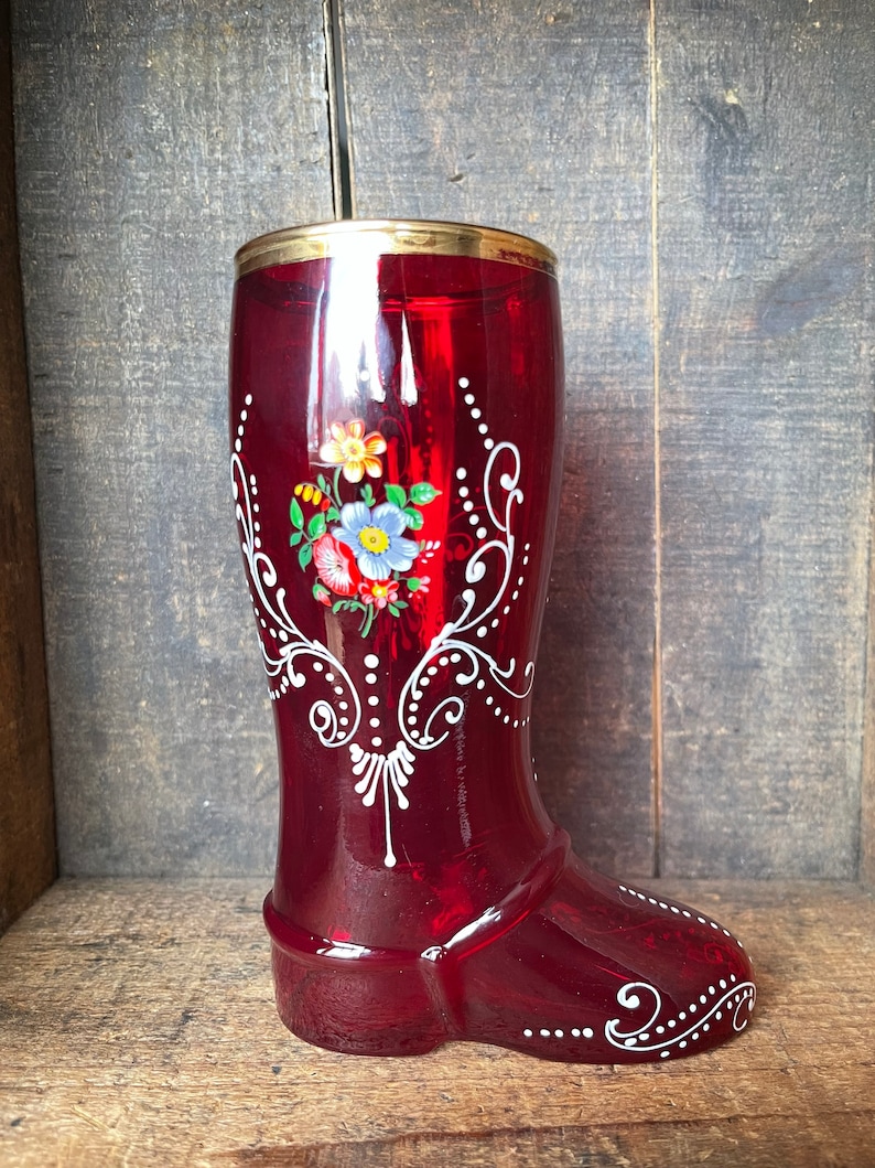 Vintage Red Glass Cowboy Drinking Boot With Floral Design - Etsy
