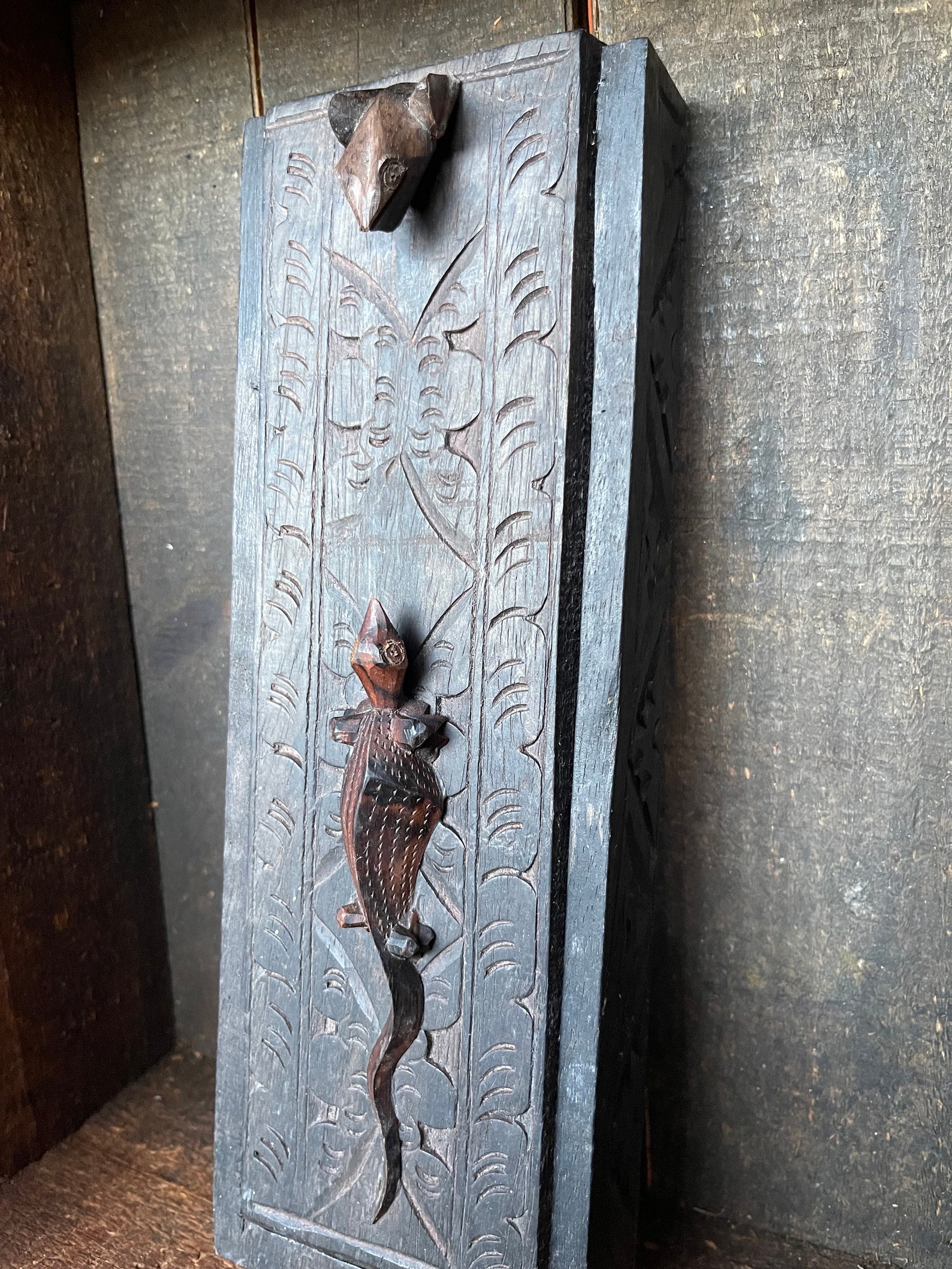Hand Carved Wooden Chopstick Box With Lizard and Frog and Sliding Lid ...