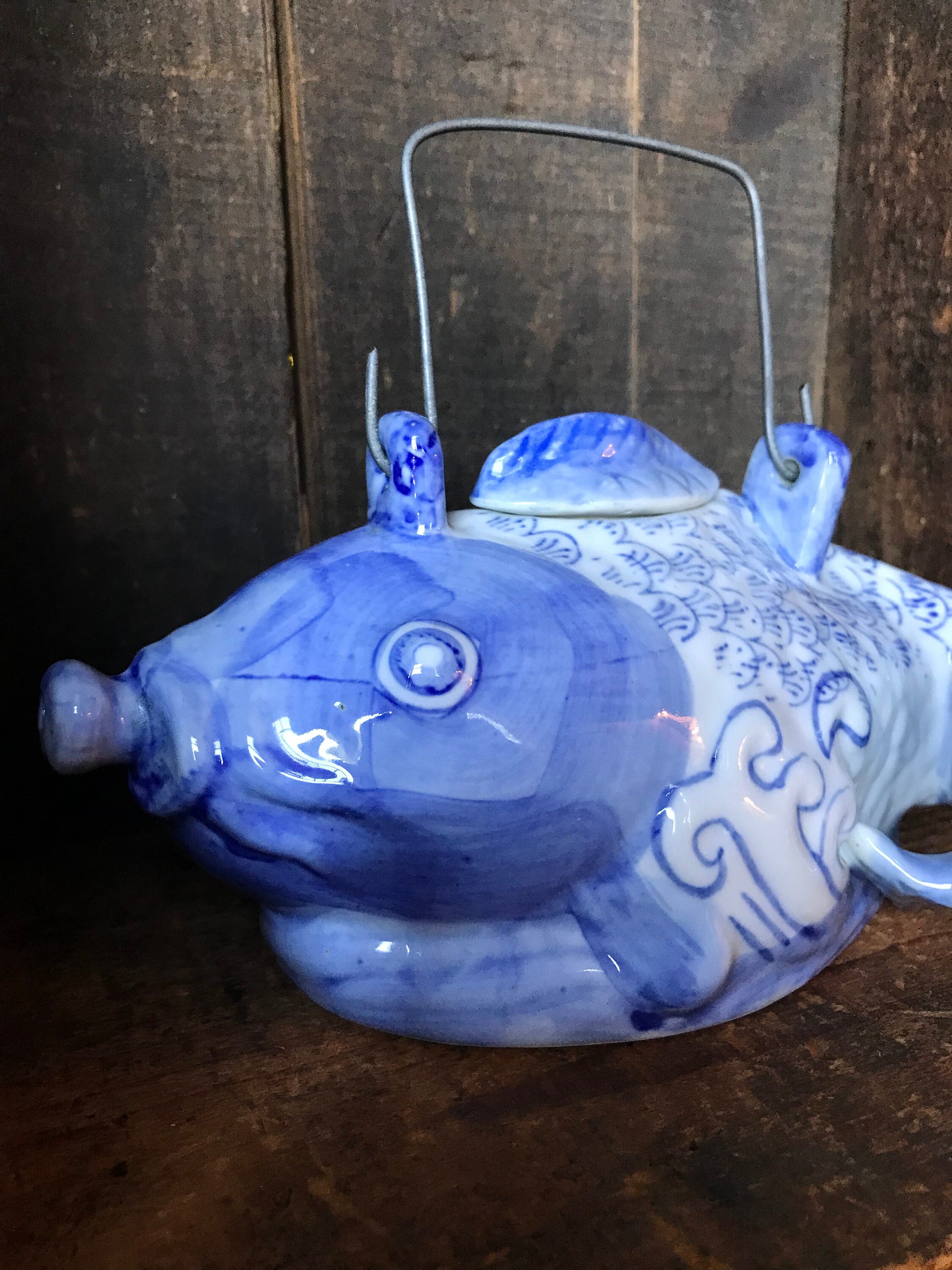 Vintage Ceramic Koi Fish Teapot // Blue White Koi Fish Teapot | Etsy