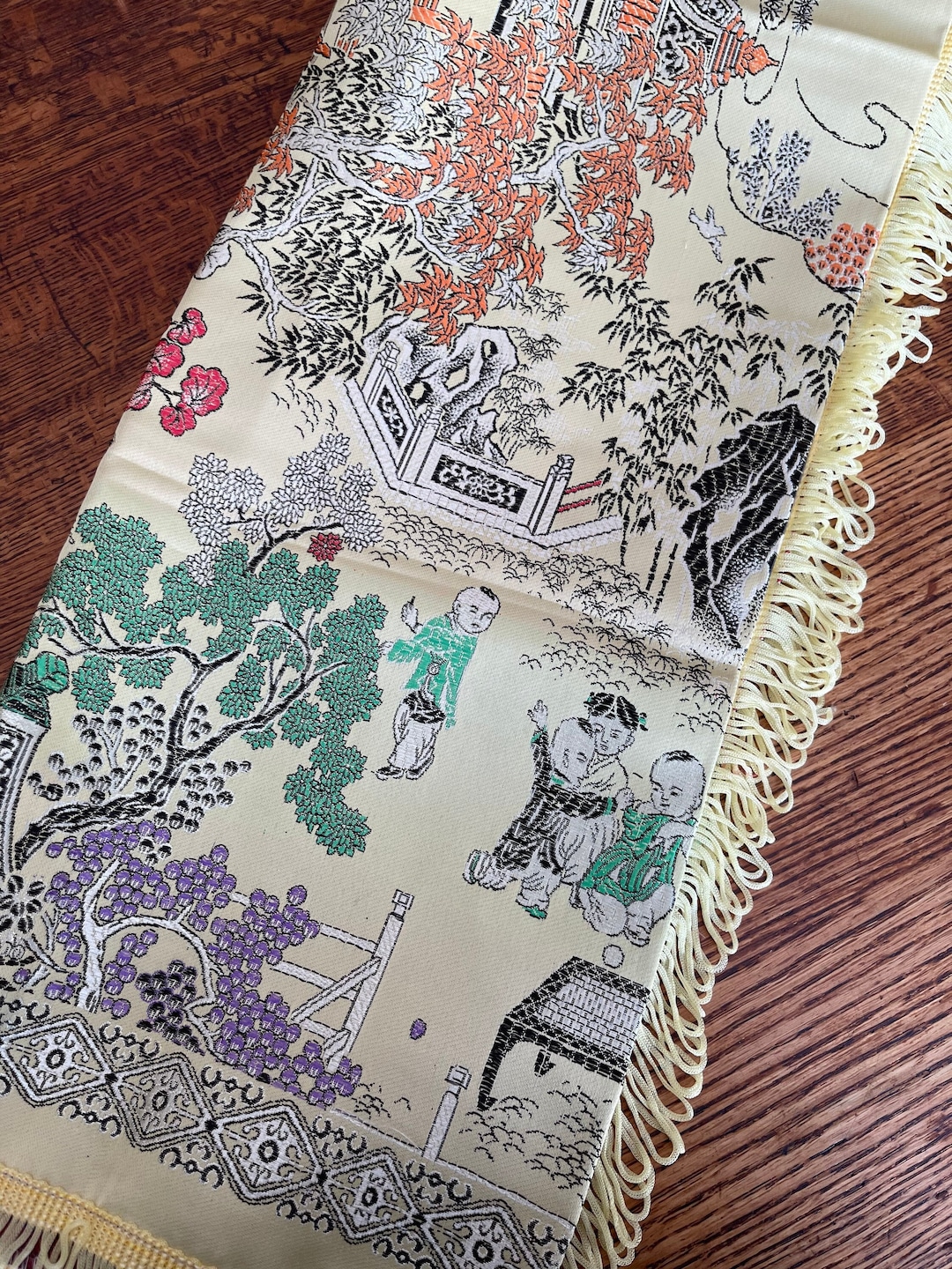 Vintage Chinese Silk Brocade Fringe Tablecloth // Doily // - Etsy