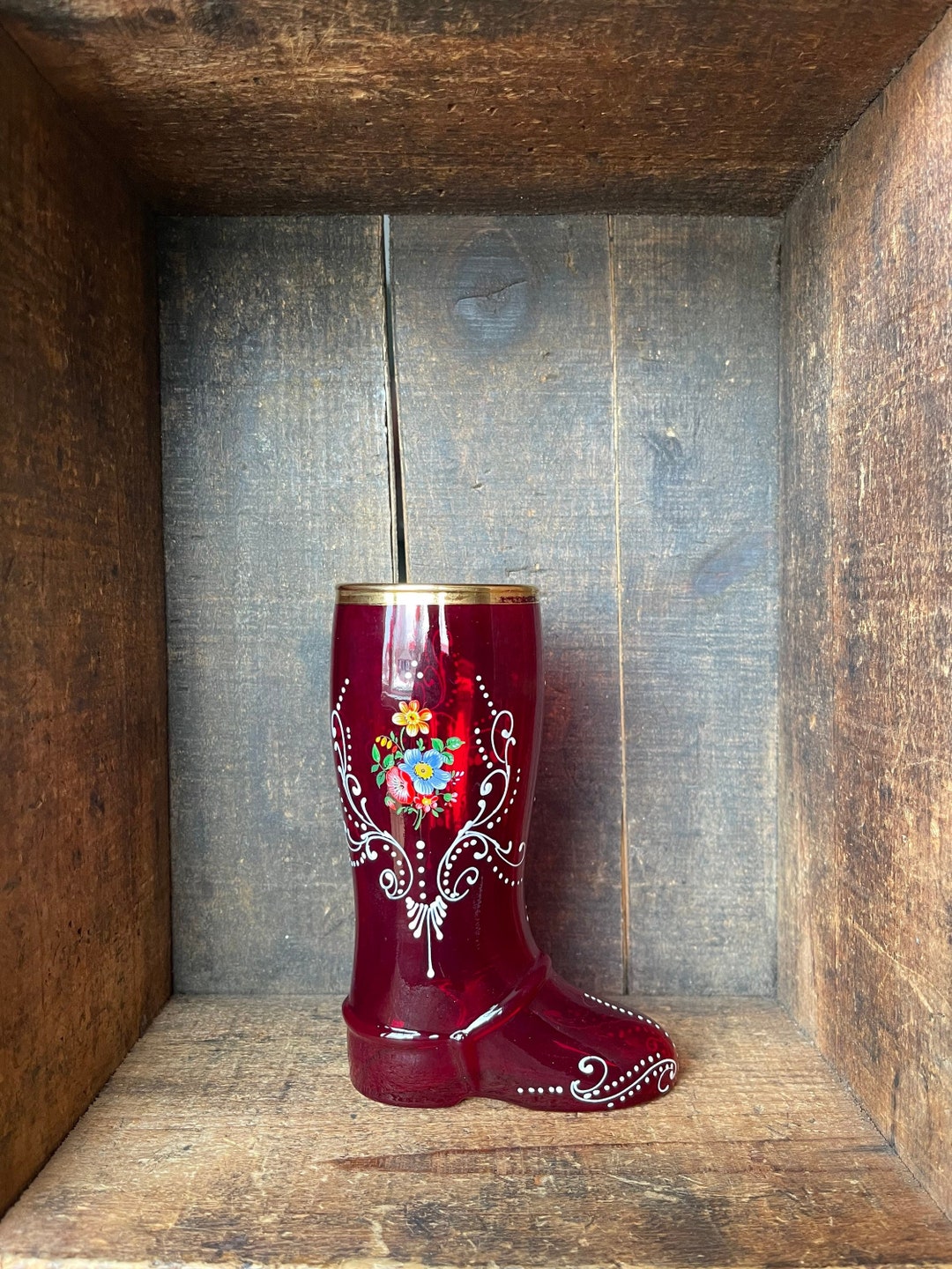 Vintage Red Glass Cowboy Drinking Boot With Floral Design - Etsy
