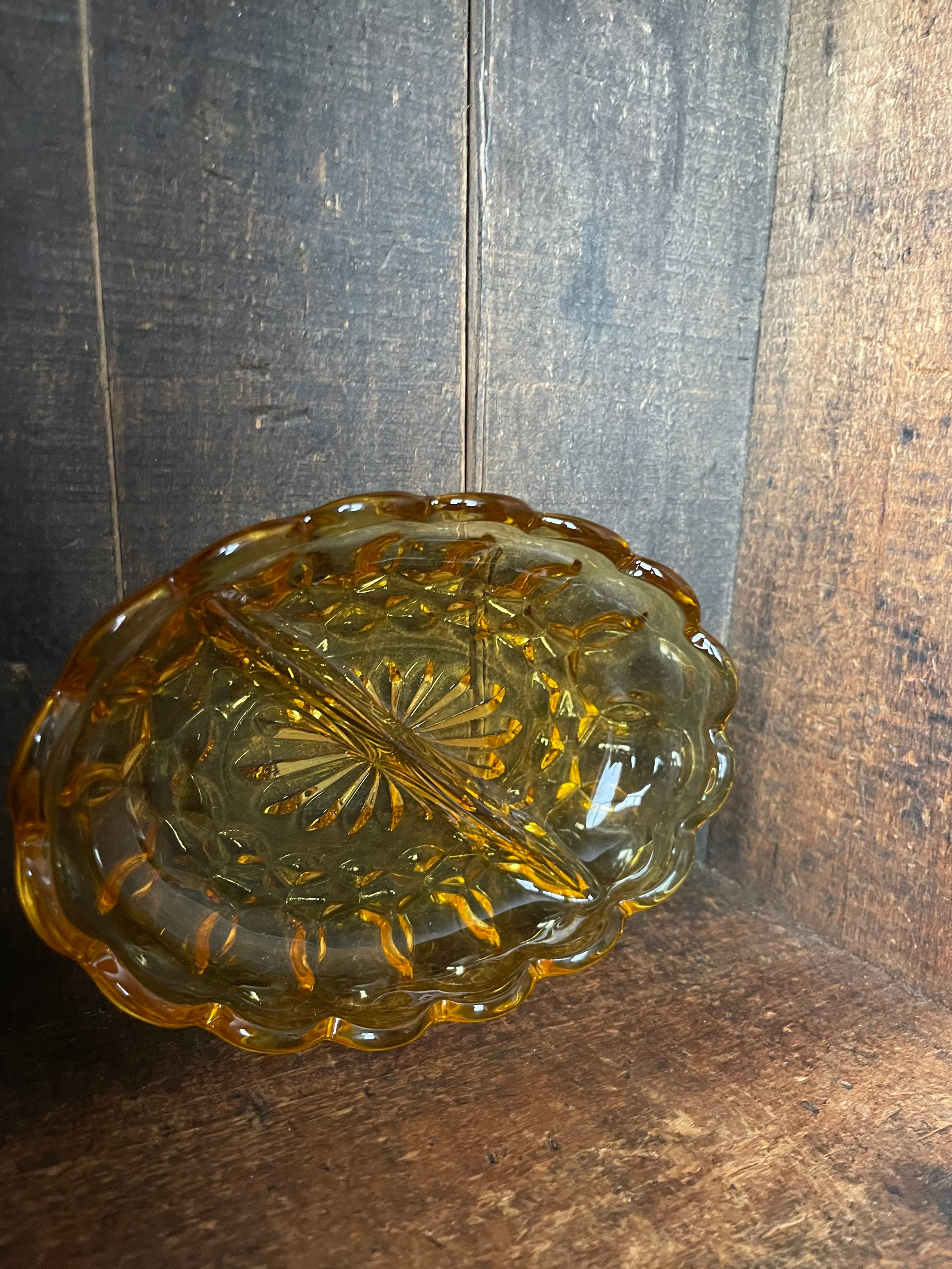 Mid-century Modern Small Divided Dish // Amber Pressed Glass With ...