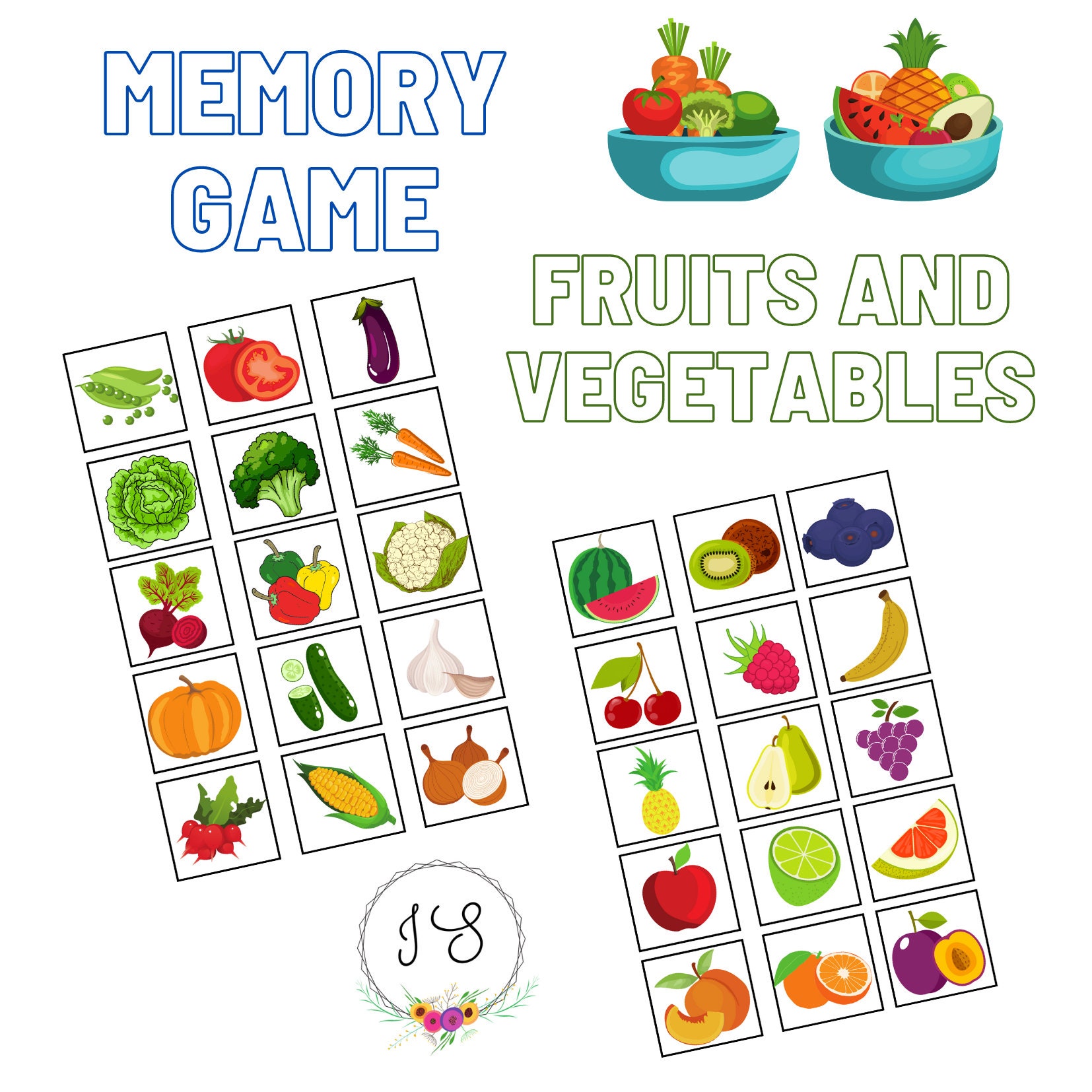 Memory Game Fruits and Vegetables card Game Also Known as Concentration ...