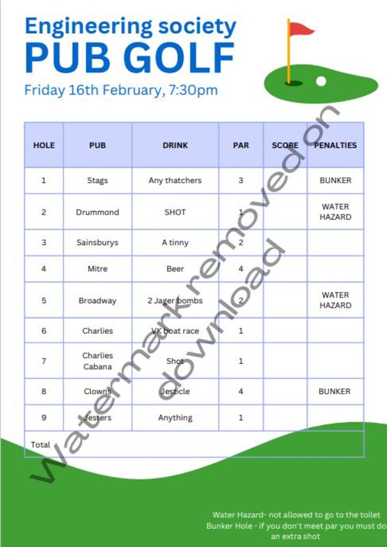 Pub Golf Printable Canva Template Digital Download Fun Drinking Game ...