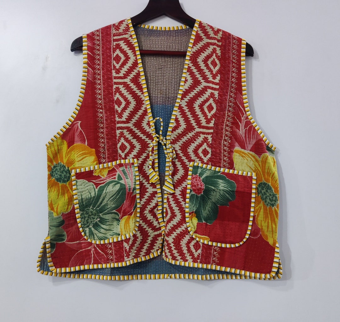Handmade Kantha Vest: Vintage Quilt Jacket, Floral Cotton Robe - Etsy