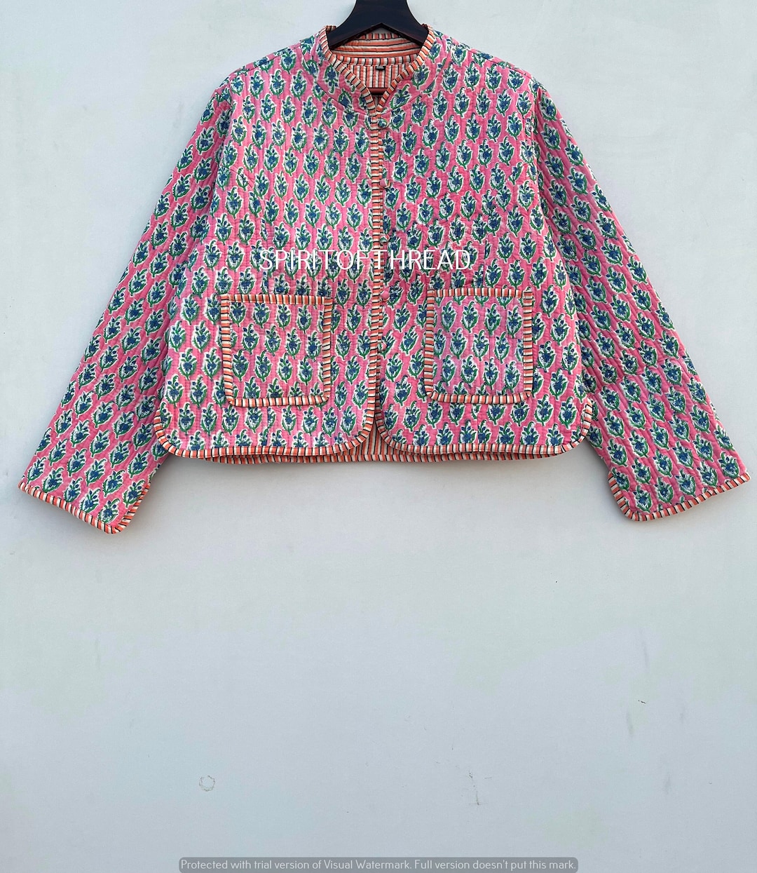 Indian Block Print Quilted Jacket, Handmade Women Wear Pink Flower ...