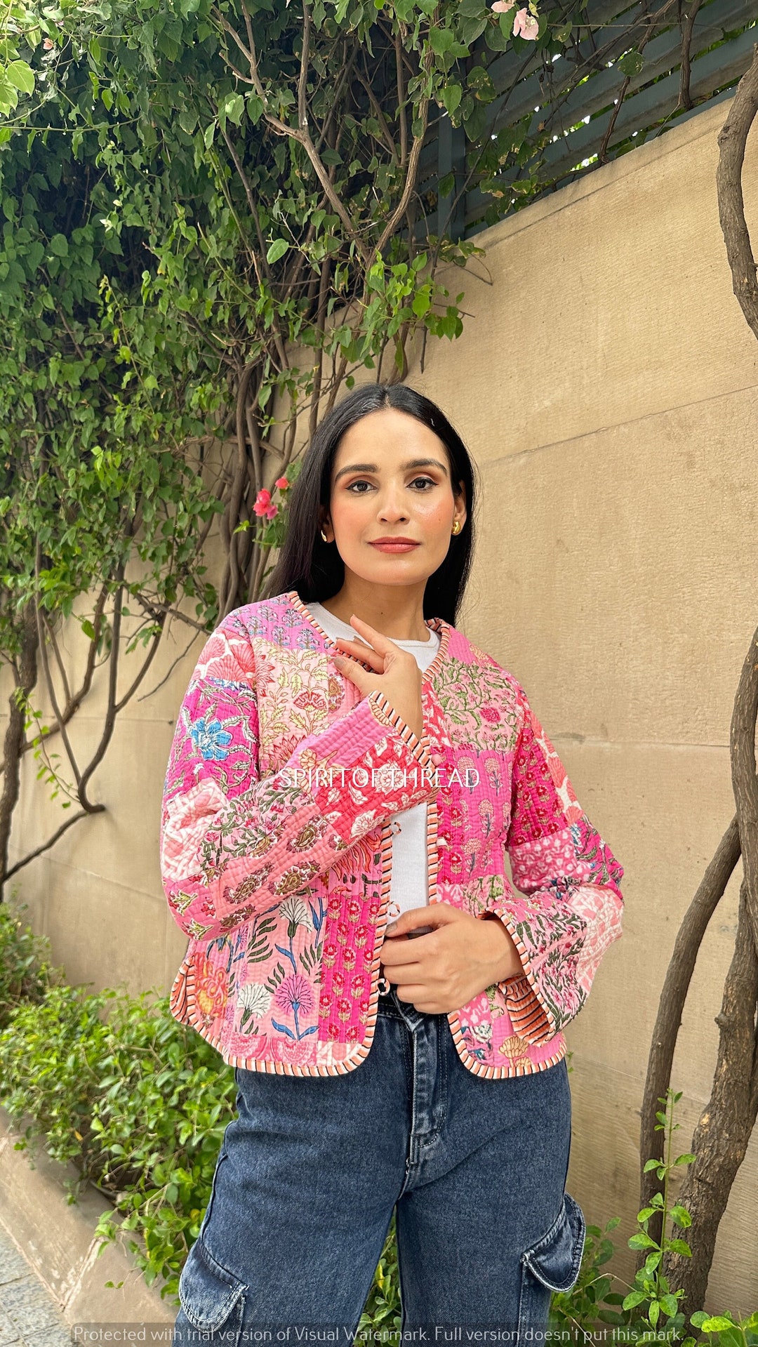 Pink Handmade Patchwork Jacket, Hand Stitched Cotton Patchwork Jacket ...